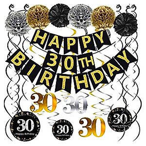 Famoby Black & Gold Glittery Happy 30th Birthday Banner,Poms,Sparkling 30 Hanging Swirls Kit for 30th Birthday Party 30th Anniversary Decorations Supplies