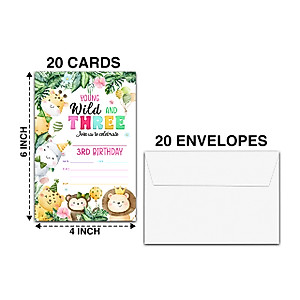 Buildinest Young Wild And Three Birthday Party Invitations with Envelopes (20-Pack), 4"x6" Safari Animals 3rd Birthday Invitation Cards, Jungle Wild Animals Party Invites-B39