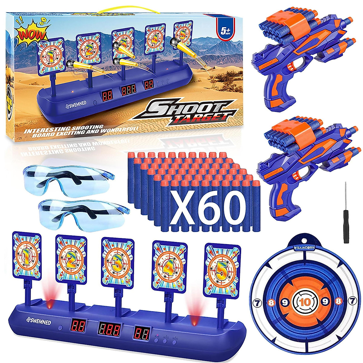 SWEMNED Digital Shooting Targets for Nerf Guns Practice Toy, Upgrade 5 Auto Reset 3 Game Mode Electronic Scoring, Ideal Fun Gifts Toys Age 5,6,7,8,9,10,11,12,13+ Year Old Kids/Boys/Girls, Blue, Large