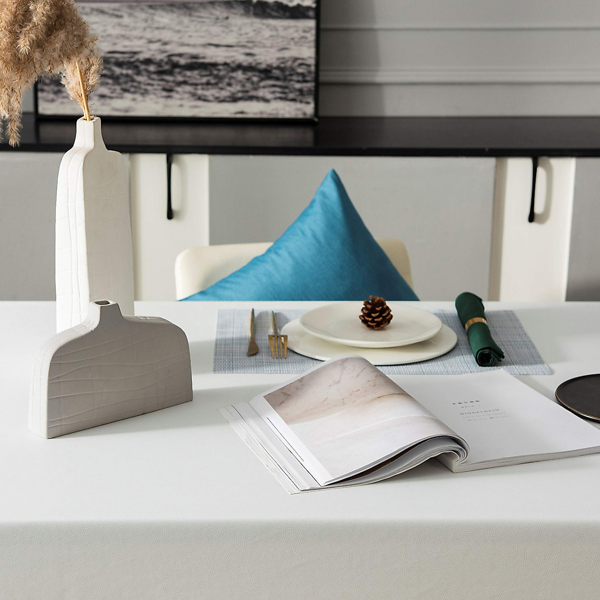 Hosonson 100% Waterproof Vinyl PU Square Heavy Duty Table Cloth with Smooth Surface - Soft Hand-Feeling Decoration Tablecloth - Reusable Wipable Oilproof Table Cover for Kitchen (54x54 Inch, White)