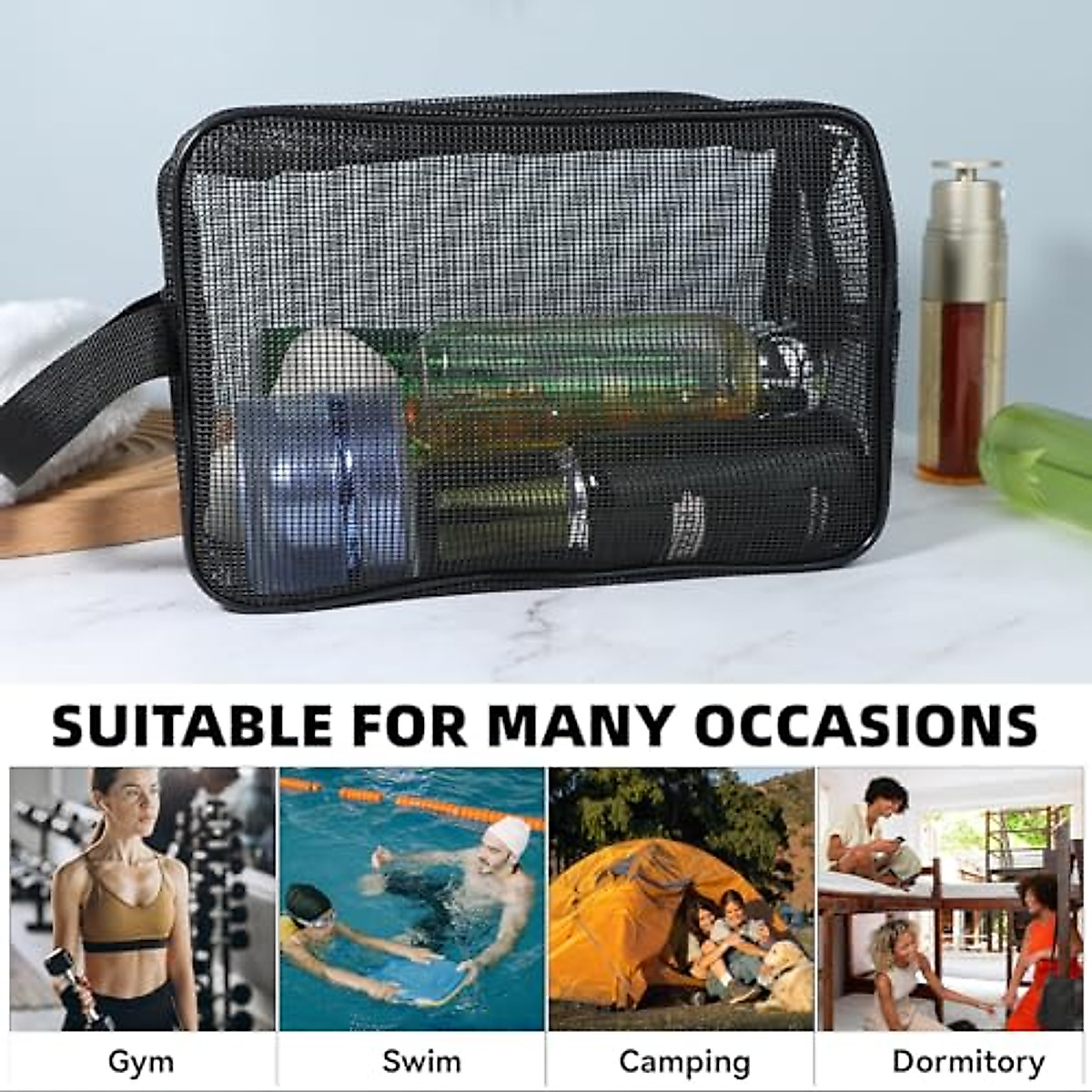 cobee Mesh Shower Bag, Portable Mesh Shower Caddy, Quick Dry Tote Bag with Zipper, Toiletry Organizer Bag for Gym Travel Camping Swimming Beach(Black)