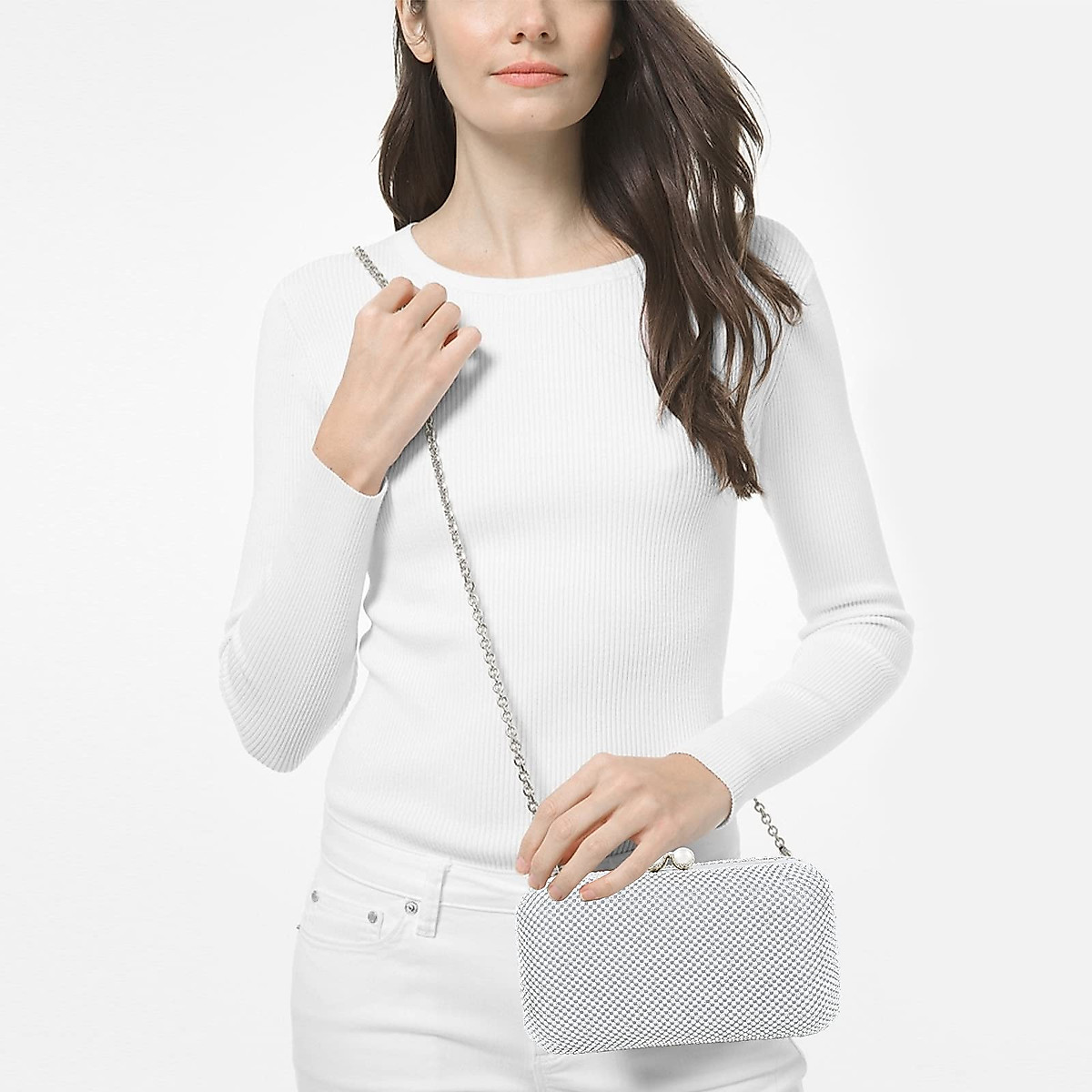 topfive Clutch Purses for Women Evening Bag Rhinestones Clutch Crystal Purse Party Bag with Flora Clasp Wedding Prom (silver-001)