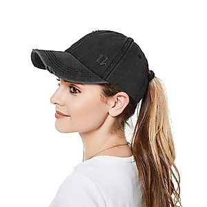 HGGE Women Ponytail Criss Cross High Messy Buns Ponycaps Baseball Cap Adjustable Cotton Distressed Dad Trucker Hat for Outdoor Sports Travel Black