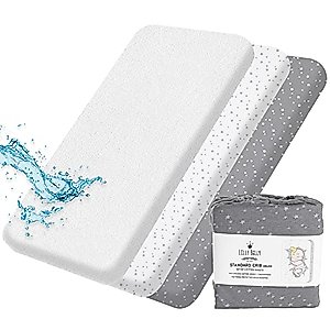 Lilly B. Pack of 3 Crib Sheets - 100% GOTS Organic Cotton - 2 Fitted Crib Sheets Neutral with 1 Waterproof Mattress Protector for Baby Boys and Girls, fits All Shapes up to (52Lx 28Wx 6H) Inch