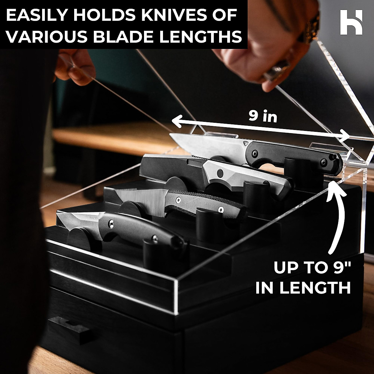 Luxury Knife Display Case for Fixed Blades and Pocket Knives – Large Drawer & Solid Wood Pillars – Wooden Knife Box – Display ESEE Knives, Benchmade, WESN and More – Christmas Gift for Men