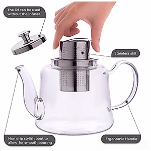 Aserson 1100 ml/37 oz Glass Teapot, Heat Resistant, Stainless Steel Infuser, Handmade, Leaf Tea Brewer, Borosilicate Glass, Stovetop Teapot and Microwave Safe