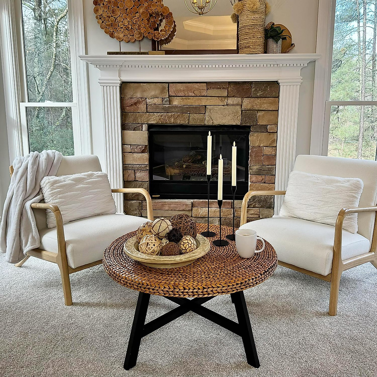 RANDEFURN Round Coffee Table, Seagrass Coffee Solid Pine Wood X Base Frame Cocktail Table, Easy Assembled, Multiple Sizes for Living Room, 32 x 17 Inches,Gold