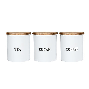 Coffee Sugar Tea Canister Set of 3 - Galvanized Metal With Wooden Lid - Beautiful Fancy Elegant Decorative Food Storage Jars Perfect for Farmhouse Kitchen Décor Restaurant Bar - 4.75 Inch - Off White