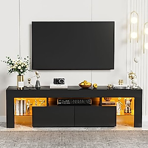 YESHOMY Modern LED TV Stand for Televisions up to 70 Inch with Glass Shelves and Drawer, Gaming Entertainment Center with Multiple Dynamic RGB Modes, for Livingroom, Bedroom, 60 Inch, Black