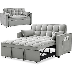 WEAGP 3 in 1 Sleeper Sofa Couch Bed, Velvet Convertible Loveseat Sleeper Sofa with 3 Level Adjustable Backrest, Storage Pockets, Toss Pillows, Pull Out Loveseat Sleeper for Living Room, Grey