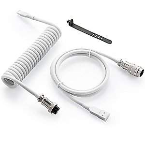 GUNMJO Pro Custom Coiled USB C Cable for Gaming Keyboard, Double-Sleeved Mechanical Keyboard Cable with Detachable Metal Aviator, 1.5M USB-C to USB-A, White Color