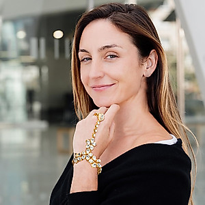 Duel On Jewel Traditional Indian Ethnic Womens Bridal Wedding Party Gold Plated Hand Piece Ornament Haath Phool Bracelet Set Attached with One Adjustable Ring in White Kundan Stone