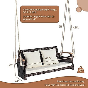 HAPPYGRILL 2-Seater Hanging Swing, Outdoor PE Rattan Hanging Swing with Curved Acacia Wood Armrests, Padded Cushions, Porch Swing Bench, Perfect for Patio Garden Deck, 800 lbs Weigh Capacity