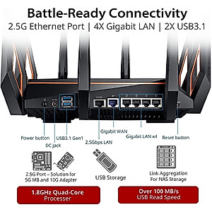 ASUS ROG Rapture WiFi 6 Gaming Router (GT-AX11000) - Tri-Band 10 Gigabit Wireless Router, 1.8GHz Quad-Core CPU, WTFast, 2.5G Port, AiMesh Compatible, Included Lifetime Internet Security, AURA RGB