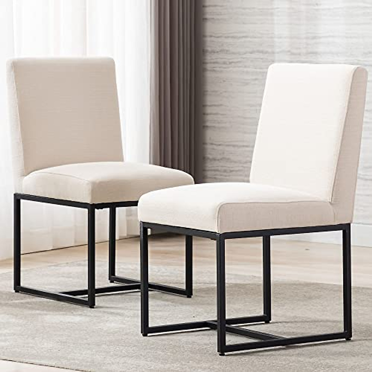 VESCASA Linen Upholstered Dining Chairs Set of 2, Mid Century Modern Padded Chair with Black Metal Frame for Restaurant, Dining Room, Kitchen, Cream