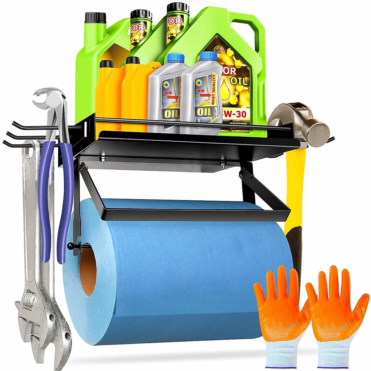 Garage Paper Towel Holder with Shelf, Premium Metal Paper Towel Holder Wall Mount with 6 Hooks, One-Hand Tear, Garage Organization and Storage, Heavy Duty Holds 50 lbs,The Perfect Quick Clean Station