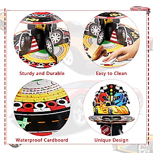 Waenerec Race Car Birthday Party Supplies 8PCS Tire Balloons & 3 Tier Cupcake Stand Food Display Dessert Holders Tower for Kids Classic Car Party Decorations