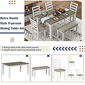 Rustic Style 6-Piece Dining Room Table Set, Wooden Dining Table Set with 4 Upholstered Chairs & a Bench, Kitchen Furniture Set for Family (Brown+Whitewash+6R)