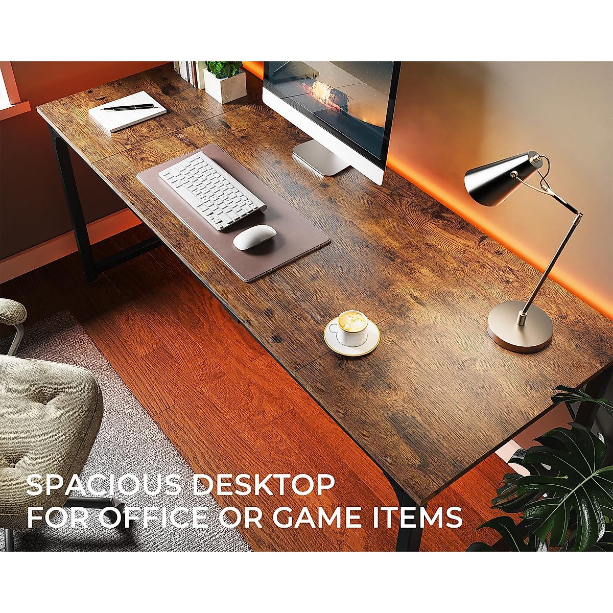 Huuger Computer Desk, 70 Inch Office Desk, Gaming Desk with Storage, Writing Desk Work Desk for Home Office, Study, Long Simple Desk, Large Legroom, Metal Frame, Rustic Brown