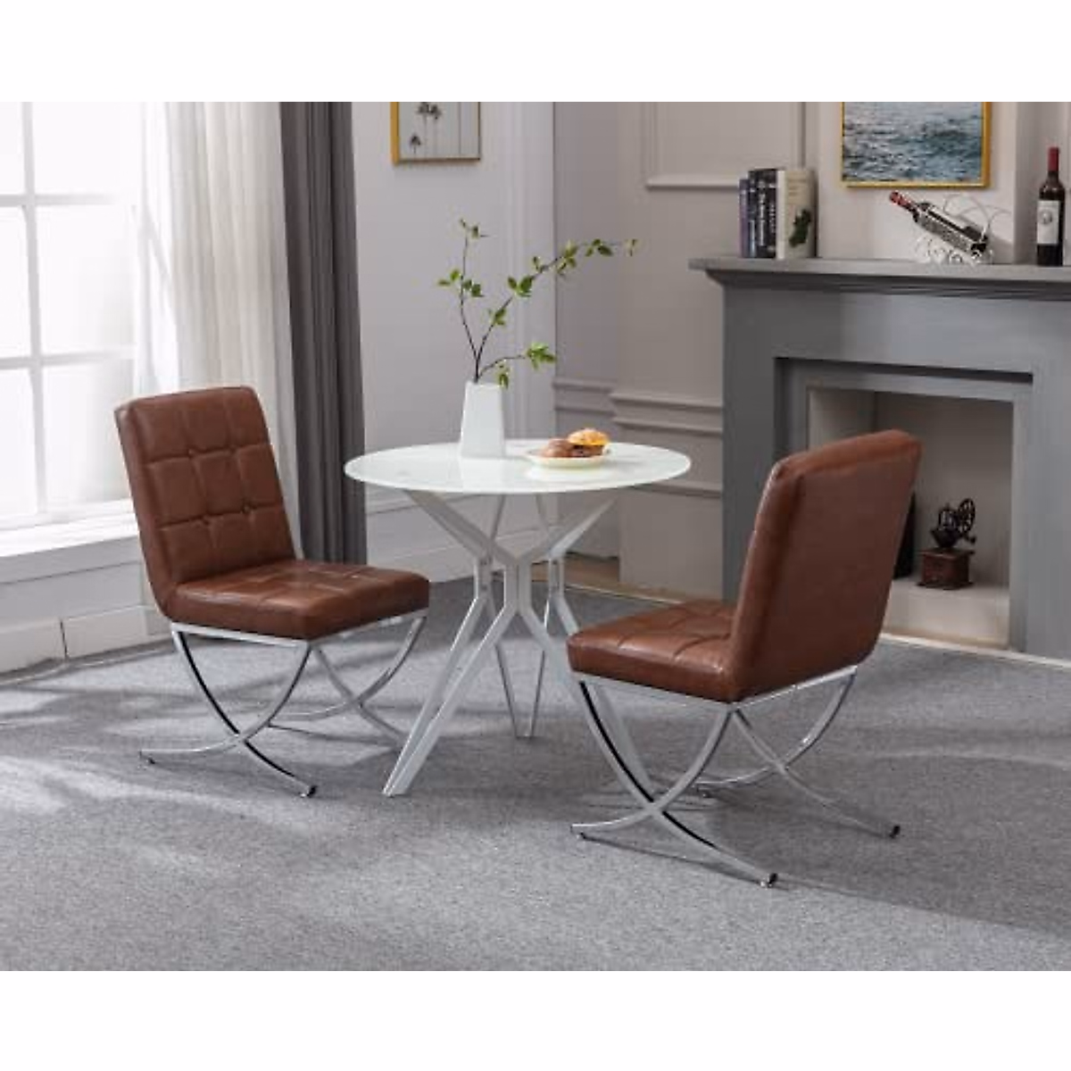 CIMOTA Modern Tufted Dining Chairs Set of 2 Upholstered Leather Dining Room Chairs Kitchen Chairs Comfy Armless Side Chairs with Chrome Metal X Legs for Dining Room/Living Room, PU Brown/2PCS
