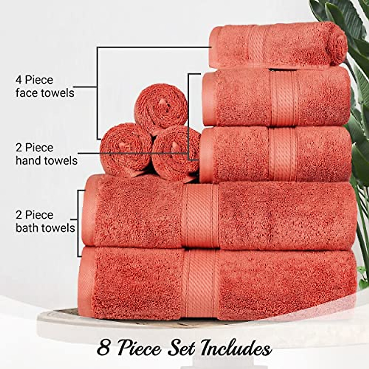 SUPERIOR Egyptian Cotton 8-Piece Solid Towel Set, Washcloths 13” x 13”, Hand Towels 20” x 30”, Bath Towels 30” x 55”, 800 GSM, Coral, 8-Pieces