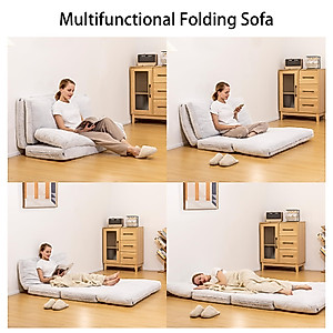 Zekeoney Folding Matress Sofa Bean Bag Sofa Bed, Foam Filling Wall Sofa Beanbag Couch Bed Soft Faux Fur Floor Sofa with Removable Cover for Living Room, Bedroom (White)