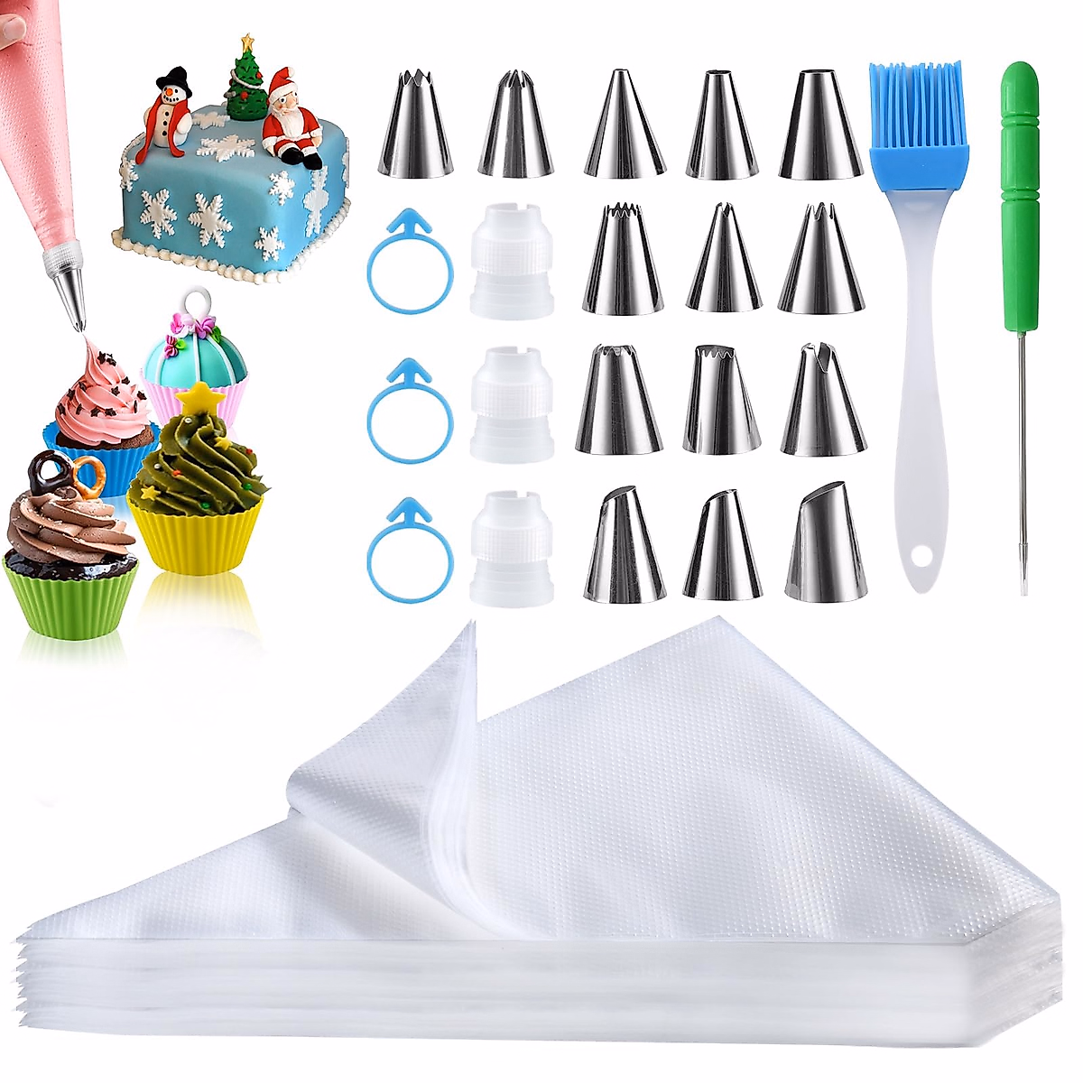 Piping Bags Disposable 100pcs, firstake 12 Inch Thickened Pastry Bags, Anti Burst Frosting Bags, Non-slip Icing Piping Bags and Tips Set for Baking Cupcake, Cookies and Cake Decorating