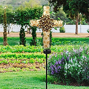 COOZZYHOUR 38inch Solar Cross Garden Lights Outdoor Decorative - Solar Metal&Glass Cross Apricot Hydrangea Flower Stake Lights- Waterproof 20 White LED for Remembrance Gifts & Sympathy Gifts