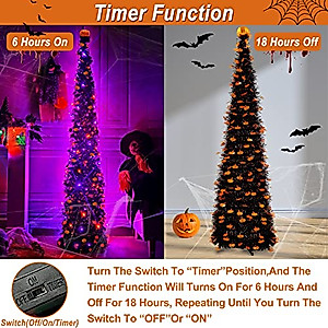 6 Ft 60 LED Tinsel Halloween Tree Decor with Orange & Purple Lights Timer Black Tinsel Christmas Tree Bats Battery Operated Pop Up Artificial Tree Indoor Outdoor Halloween Decorations Home Party