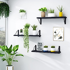 Inforth Wall Shelves, Wood Wall Mounted Shelves for Wall Storage, Floating Shelves for Wall Display with Metal Bracket, Hanging Shelves for Bedroom Kitchen Living Room (Black, 17 Inches)