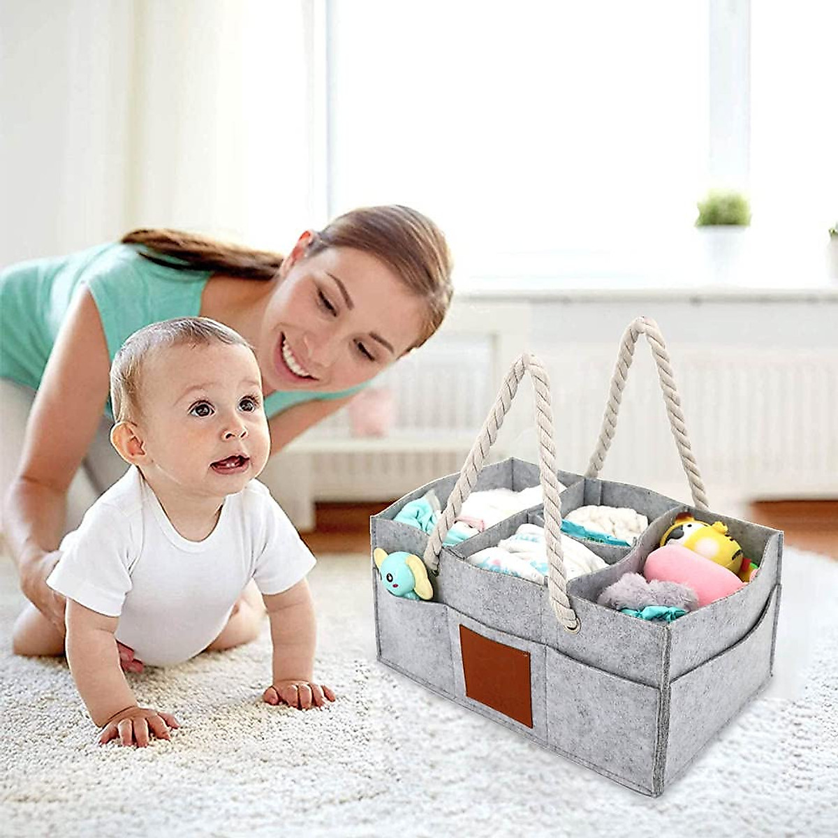 Baby Diaper Caddy - Nursery Storage Bin and Car Organizer for Diapers and Baby Wipes - Gray