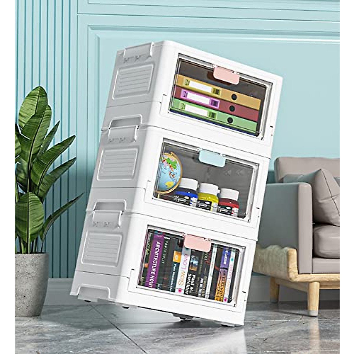Radefasun Foldable Storage Bins with Lid and Clear Door and Weels Plastic Collapsible Storage Box Portable Stackable Grocery Toys Books Container Folding Storage Crate for Home or Car Trunk