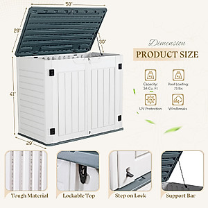 Greesum Outdoor Horizontal Resin Storage Sheds 34 Cu. Ft. Weather Resistant Resin Tool Shed, Extra Large Capacity Weather Resistant Box for Bike, Garbage Cans, Lawnmowe, Without Divider, White