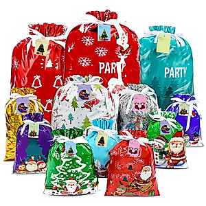 ONESING 30Pcs Christmas Gift Bags Christmas Drawstring Gift Bags with Tags Christmas Bags for Gifts Assorted Size Reusable Christmas Gifts Bag Upgraded Christmas Goodie Bags for Birthday Christmas Party