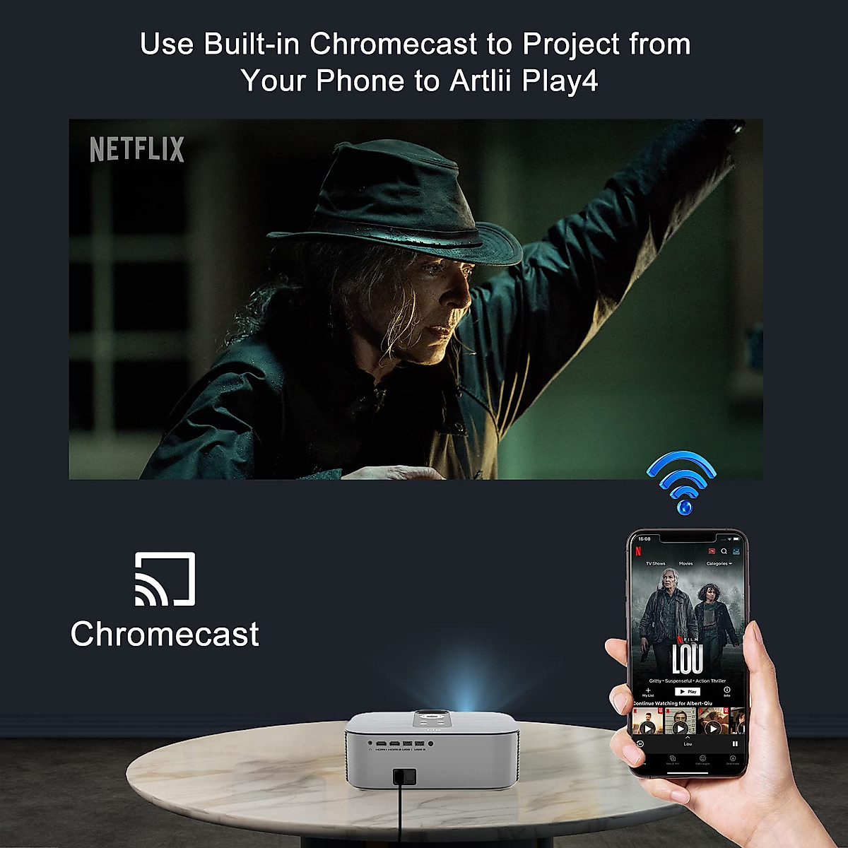 Smart Projector Integrate with Android TV 10, Artlii Play4 AutoFocus 5G WiFi Bluetooth Projector 4k Supported, Auto Keystone, FHD 1080P Outdoor Movie Projector Compatible W/iOS, Android