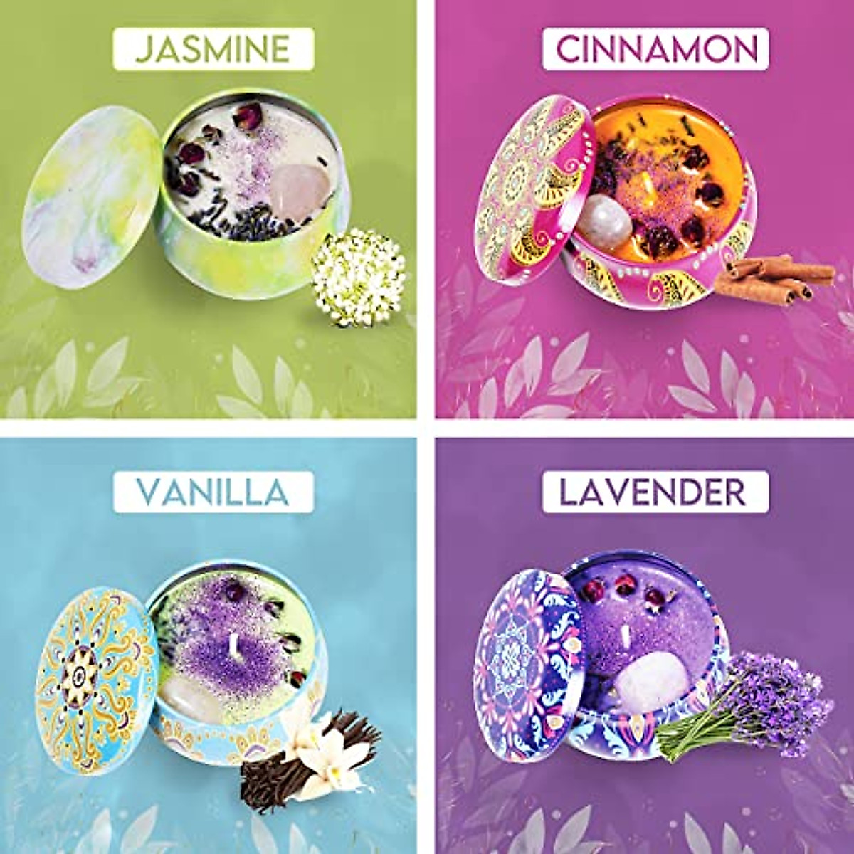 Pack of 4 beautiful rose quartz crystal infused scented soy candles with wooden and marble holders | Birthday gift set for women | aromatherapy and medidation candles