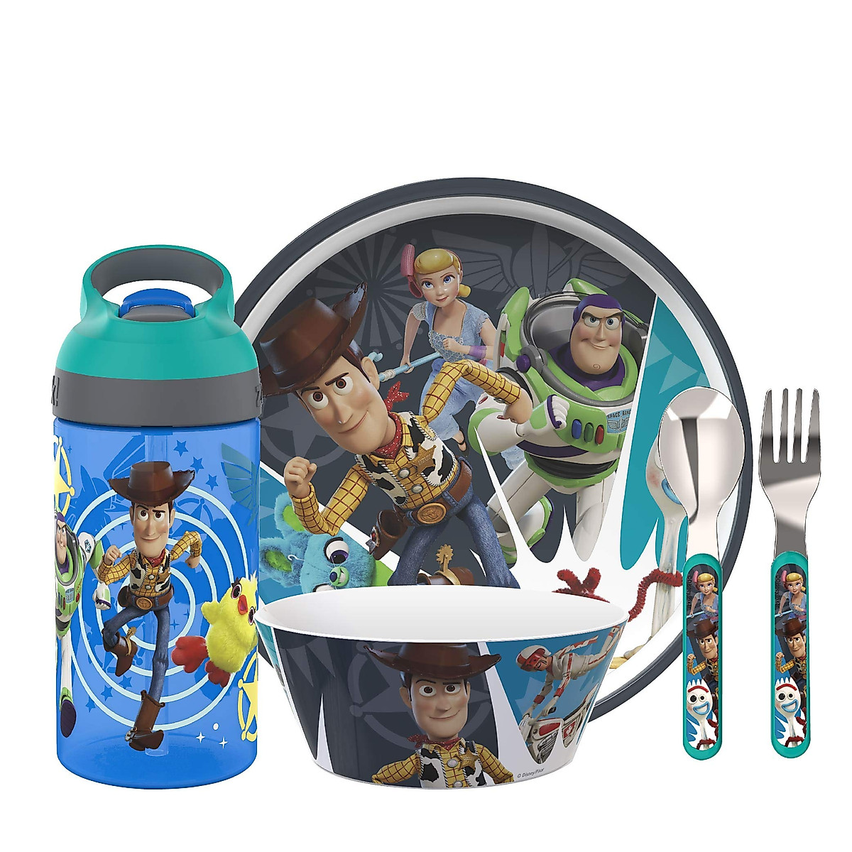 zak! Disney and Pixar Toy Story 4 - 5-Piece Dinnerware Set - Durable Plastic & Stainless Steel - Includes Water Bottle, 8-Inch Plate, 6-Inch Bowl, Fork & Spoon - Suitable for Kids Ages 3+