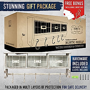 HBCY Creations Wall Mounted Shelf with Coat Hooks and Baskets, Solid Wood Entryway Organizer Wall Shelf with Hooks - Hang Coats, Keys or Coffee Mugs, Rustic Brown 24" Wide