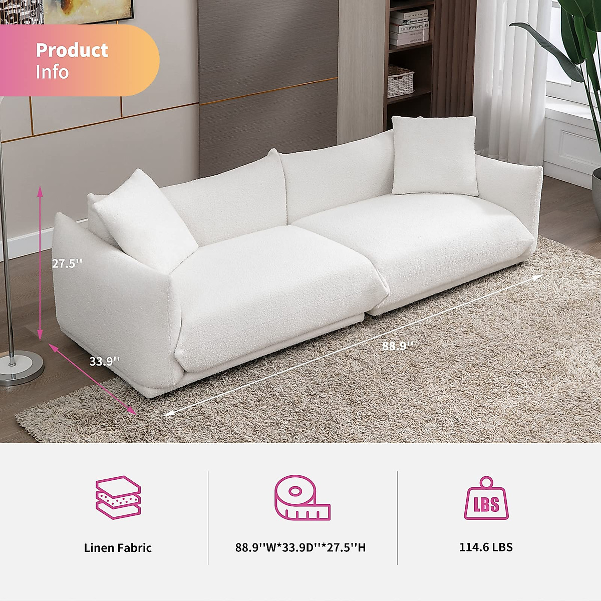 Mixoy Modular Sectional Sofa Couch, Minimalist Lambswool Sofa Bed 88.9''W, Mid Century Loveseat Sofa Couch for Small Spaces Bedroom Living Room, Bedroom, Home Office,Apartment,Beige