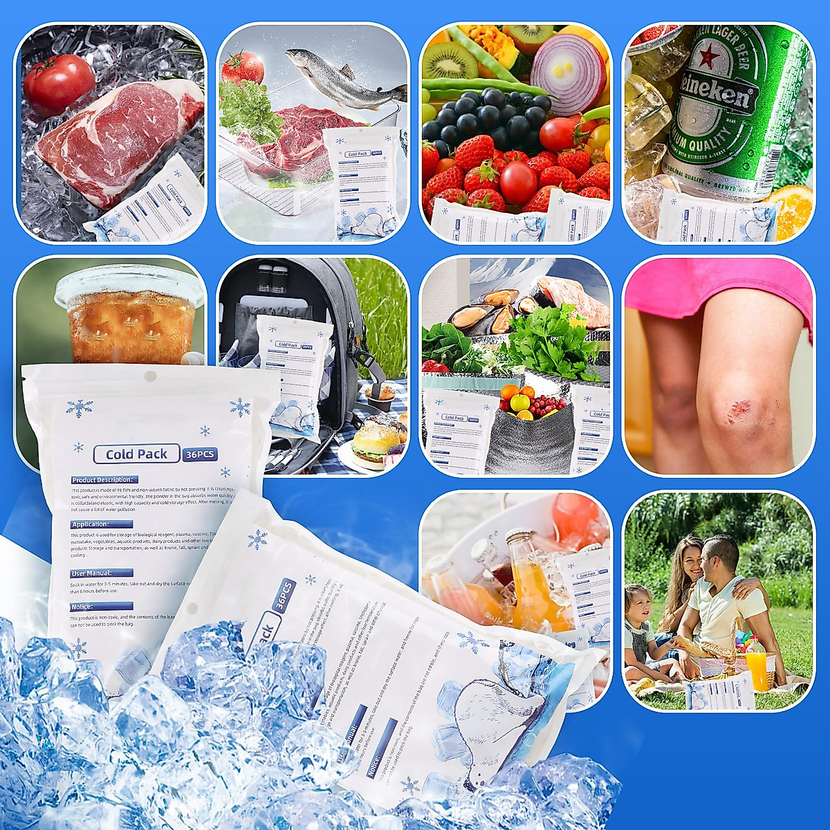 36pc Dry Ice Packs Shipping Cold Packs for Frozen Food, 7.3in×4.33in Bulk Dry Ice Sheets for Coolers Reusable, Cold Shipping Packaging Keep Foods Drinks Cold