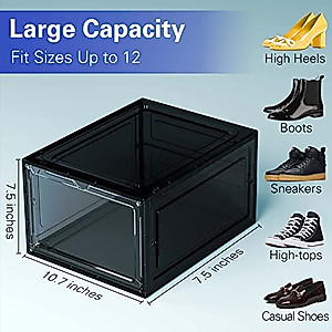 iBune 12 Pack Drop Front Shoe Storage Boxes, Clear Plastic Shoe Organizer for Closet, Easy Assembly, Stackable Foldable Shoe Containers for Display Sneakers Boots, Fit US Size up to 12, Black