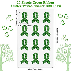 20 Sheets 240 Pcs Green Ribbon Temporary Tattoos Mental Health Awareness Tattoo Sticker for Adult Teens School Fundraiser Charity Public Social Event Welfare Supplies
