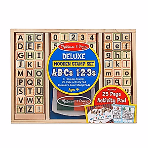 Melissa & Doug Deluxe Letters and Numbers Wooden Stamp Set ABCs 123s With Activity Book, 4-Color Stamp Pad - Arts & Crafts For Kids Ages 4+