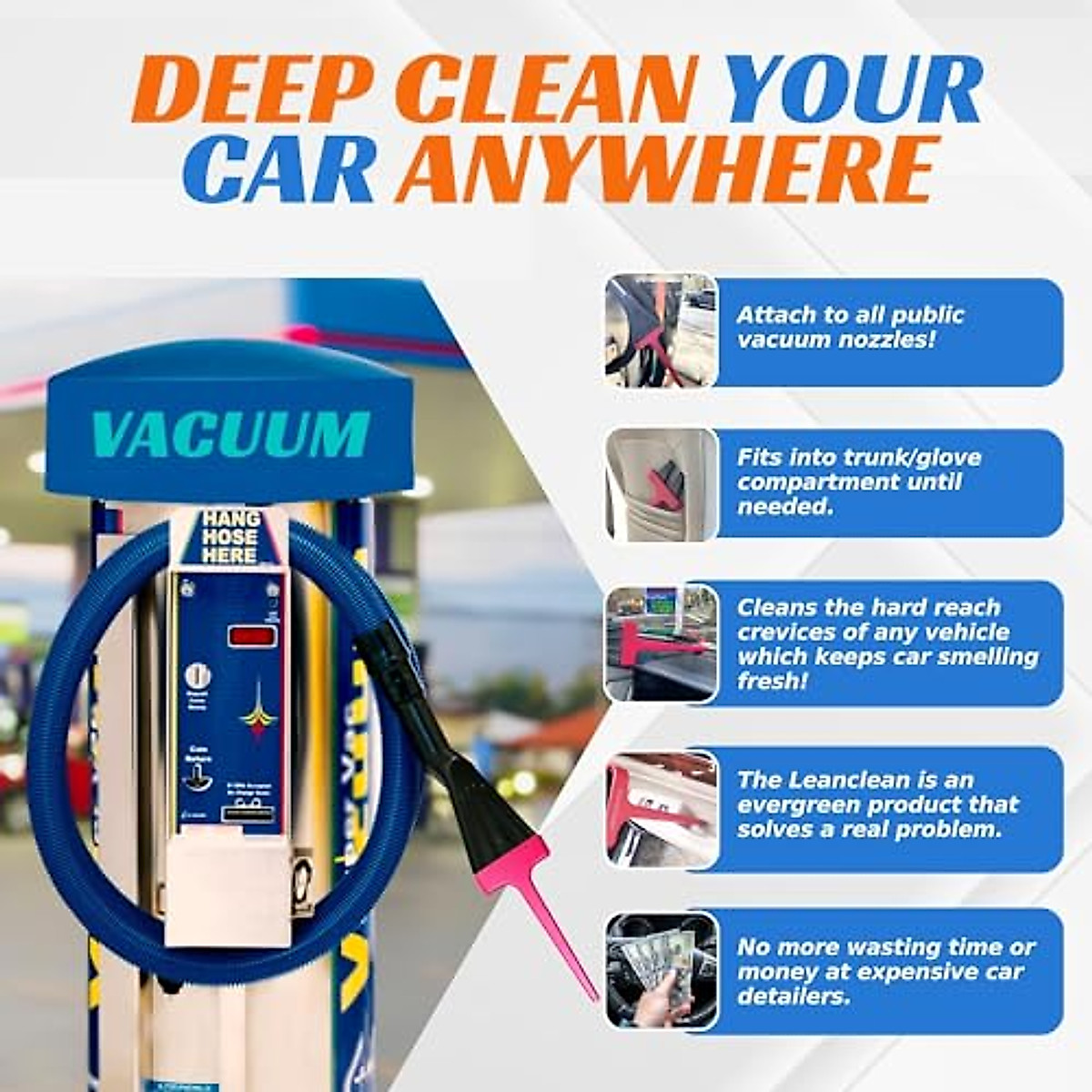 Leanclean Tool -Essential for Traveling Universal Crevice Vacuum Attachment, The Ultimate DIY AutoDetailing Accessory Deep-Cleans Any Vehicle -FITS All Carwash & Gas Station Vacuums Everywhere!
