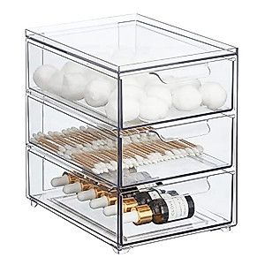mDesign Plastic Stackable Organizer with 3 Drawers - Pull-Out Drawer Storage Bin for Bathroom Sink/Cabinet Organization - Perfect for Makeup, Small Towels, and More - Lumiere Collection, Clear