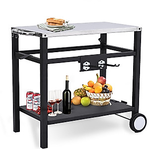 Dining Cart,Outdoor Grill Cart,Stainless Steel,with 4 Hooks, Double-Shelf,Side Handle,Wheels,Cooking Table for Outdoors, Kitchen or Backyard, Movable BBQ Trolley,Multifunctional and Commercial