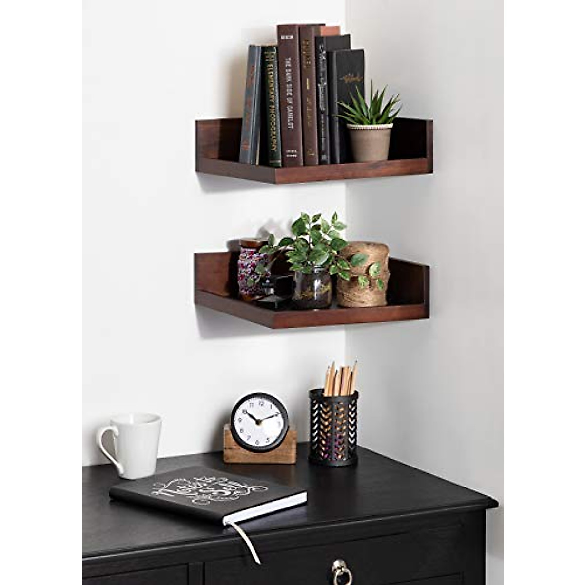 Kate and Laurel Levie Modern Floating Corner Wood Wall Shelves, 12 x 12 Inches, 2 Pack, Walnut Brown