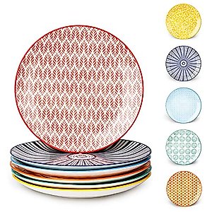 KitchenTour Ceramic Dinner Plates - 8 Inch Dessert Pizza Pasta Salad Plate Set - Dishwasher and Microwave Safe - Set of 6, Vintage