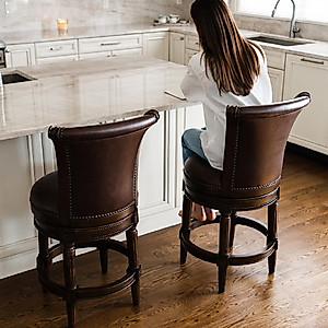 Maven Lane Pullman 26 Inch Tall Counter Height Upholstered Barstool with Back in Dark Walnut Finish with Vintage Brown Vegan Leather Seat, Set of 2