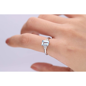Gin & Grace 10K White Gold Genuine Blue Aquamarine Ring with Diamonds|Ethically, authentically & organically sourced (Emerald-cut) shaped Aquamarine hand-crafted jewelry for her | Aquamarine Ring